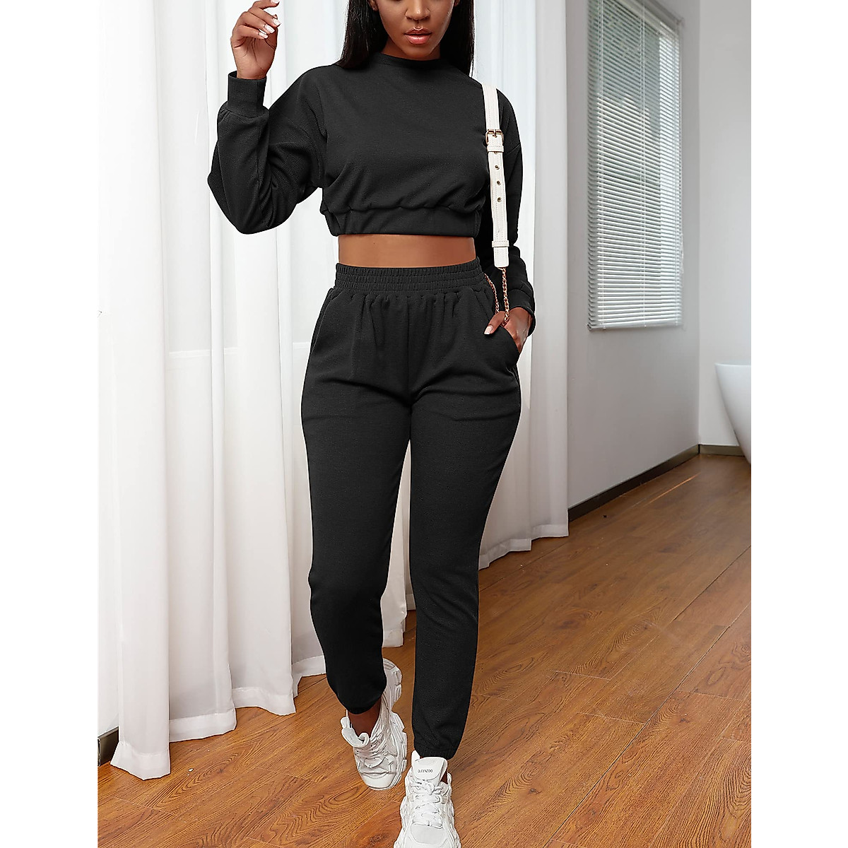 Mizoci Women's 2 Piece Outfits Lounge Jogger sets Long Sleeve Crop Top Pant Sweat Suit Tracksuit,Large,Black