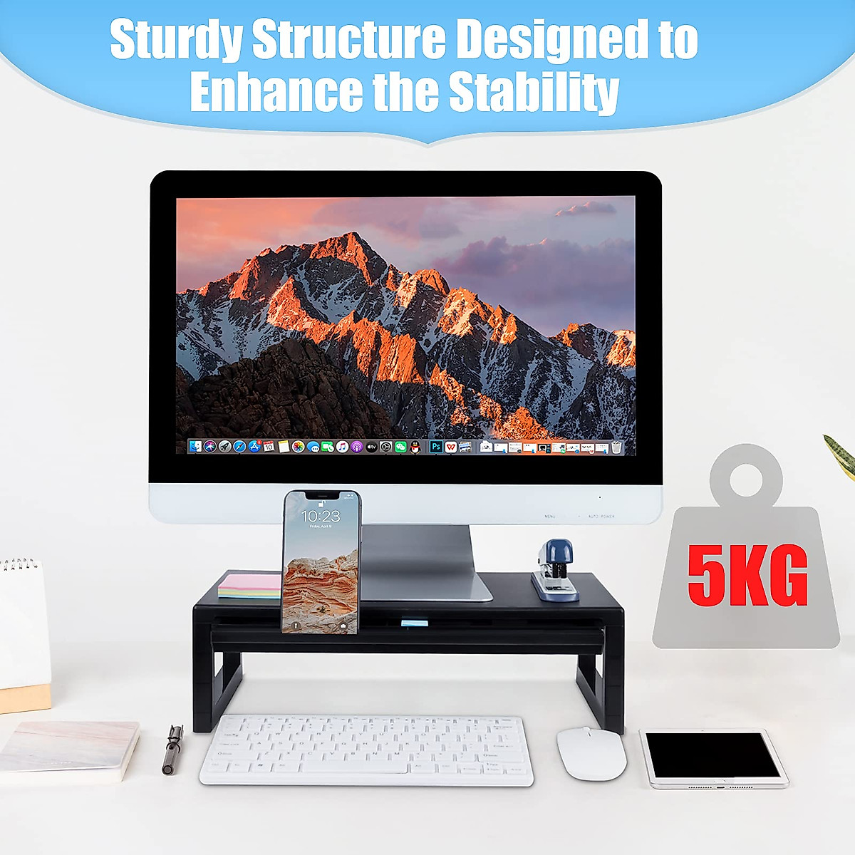 Monitor Stand Riser, Kavalan Lightweight 4 Level Height Adjustable Computer Monitor Stand & Desktop Printer Stand with Storage Drawer for Office Desk Accessories, Supports up to 5kg PC Monitor, Laptop