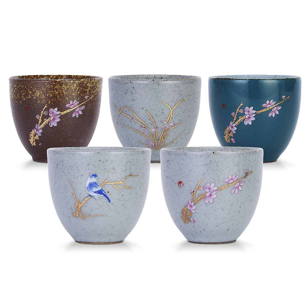 VanEnjoy Set of 5 Hand-Drawn Traditional Chinese Ceramic Teacup Tea Cups, Floral and Bird Pattern, Bulk Teacup in Gift Box (Floral Birds)