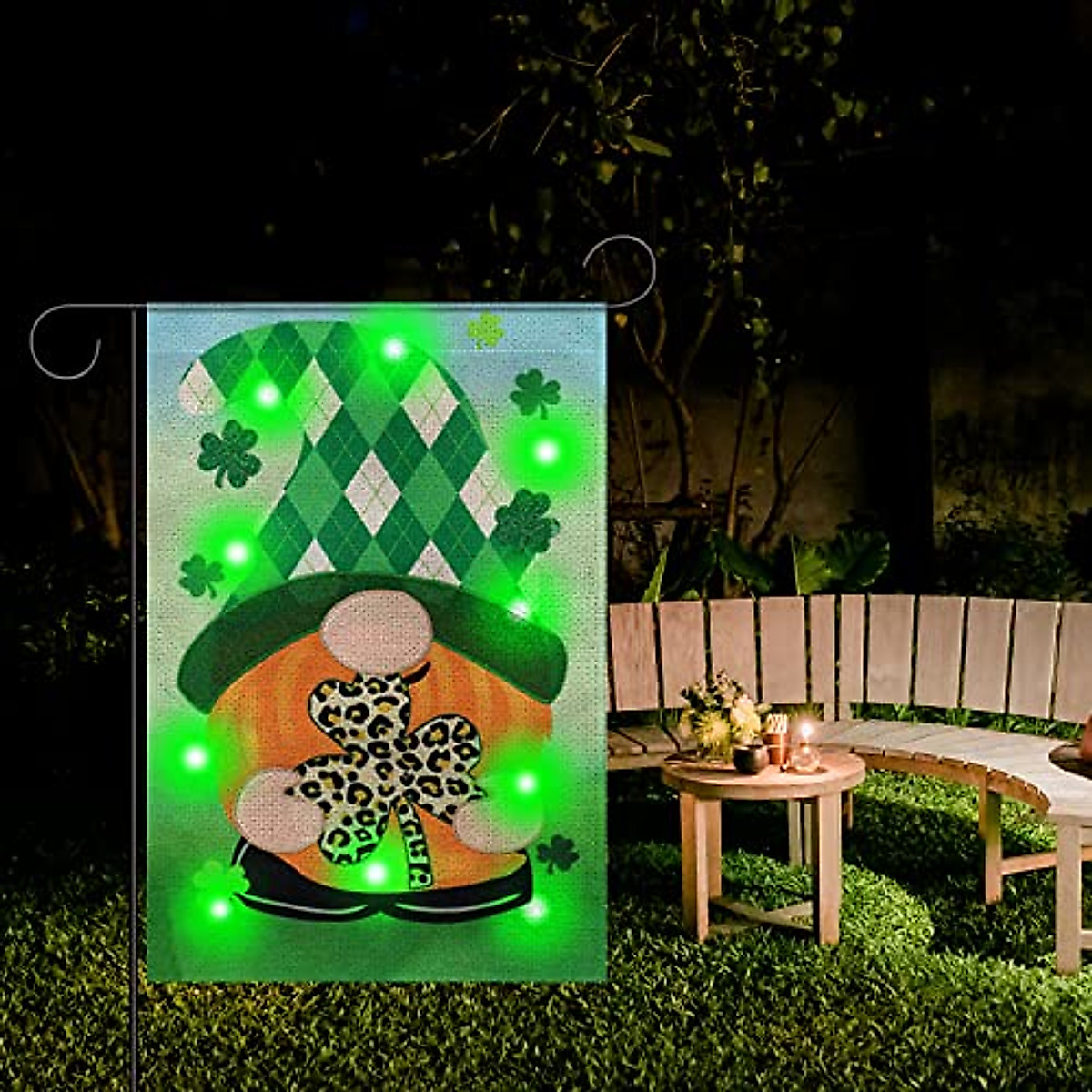 St Patrick's Day Garden Flag with Green Led Lights Good Shamrock Luck Truck Gnome 12 X 18 Inch Double Sided Garden Flag Durable Burlap Shamrock Garden Flag for Lawn Party Outdoor Decorations (Gnome-3)