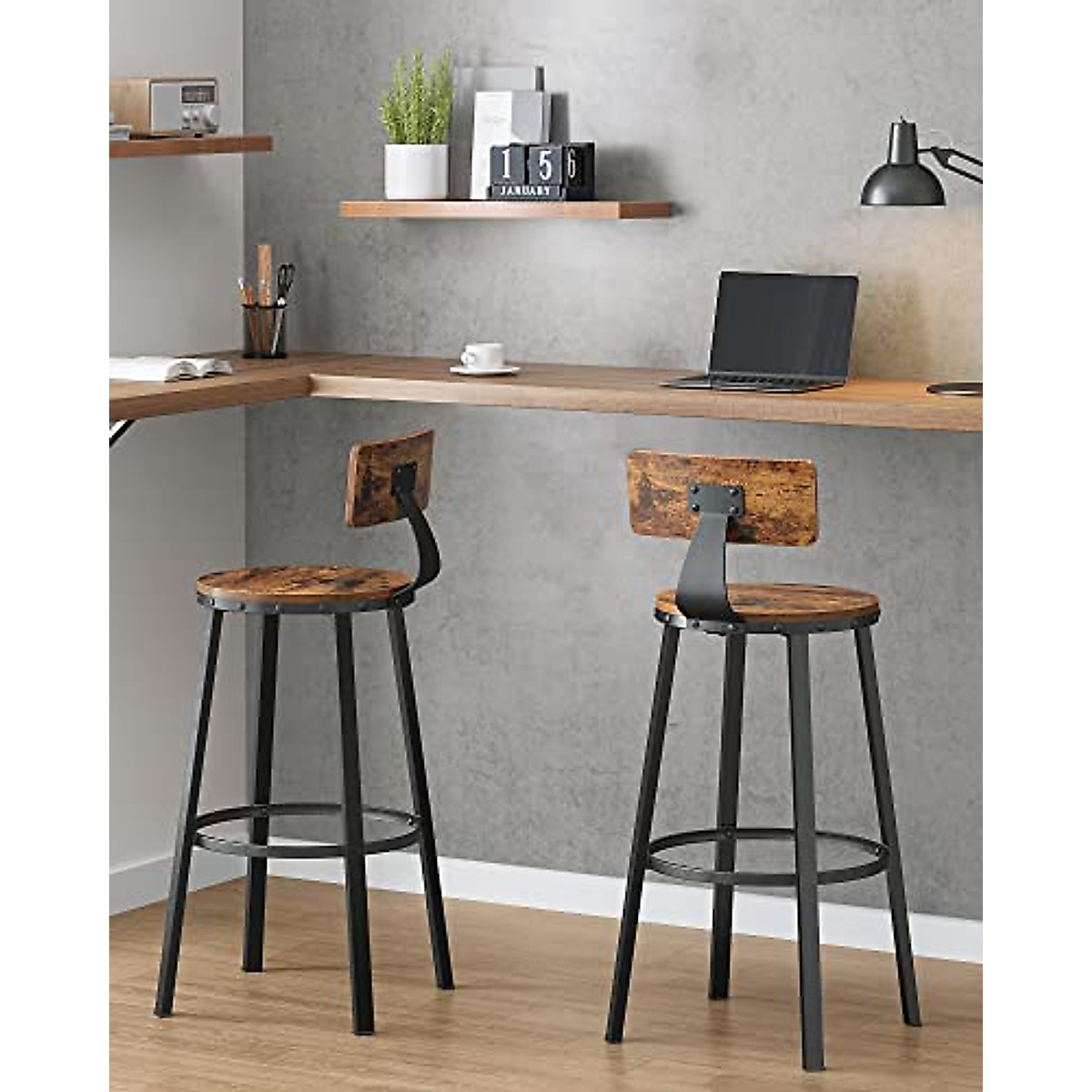 VASAGLE Bar Stools Set of 2, Tall Bar Stools, Bar Height Stools, 28.7 Inch High Barstools with Back, Industrial, Metal Frame, Easy Assembly, Rustic Brown and Black ULBC026B01V1