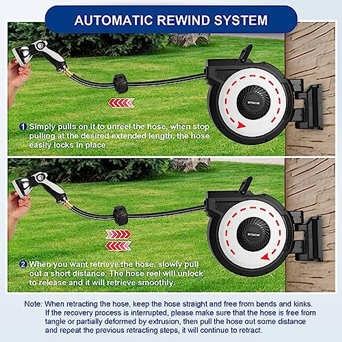 Retractable Garden Hose Reel by BSTOKCAM, 1/2" x 90 FT Hybrid Rubber Hose, Heavy Duty Water Hose Reels Automatic Rewind Storage, 10 Patterns Nozzle Included