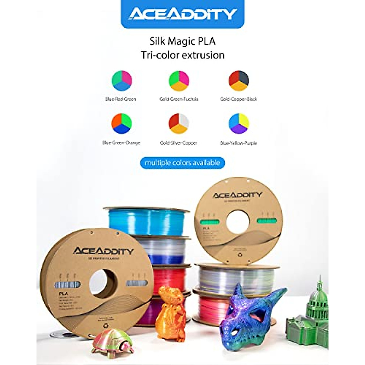 Aceaddity Silk Magic PLA 3D Printer Filament, Multi-Colour Tri-Extrusion 1.75mm 3D Printing PLA Filament, Shiny Silk Coextruded PLA, Dimensional Accuracy +/- 0.03 mm, 1kg/2.2lbs (Blue-Purple-Yellow)