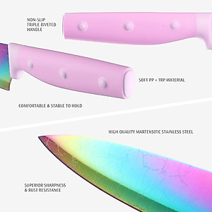 hecef 14 Pieces Knife Set with Block, Rainbow Titanium Knives Set with Laser Pattern, Martensitic Stainless Steel Chef Knife Set with Sharpener, Steak Knife, Scissors, Mothers Day Gift