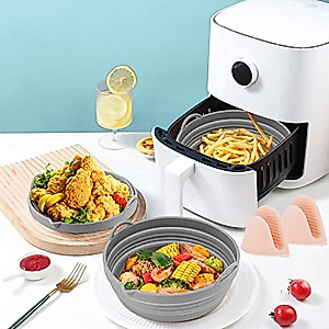 Air fryer Silicone Liners Reusable, 7.5IN Air Fryer Silicone Pot, Foldable Silicone Air Fryer Basket with Silicone Oven Mitts for Air Fryer, Oven, Microwave, etc.（Gray）