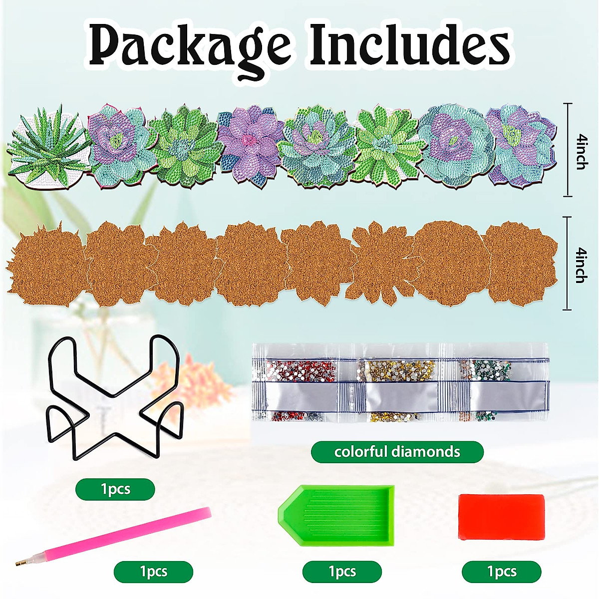 8 PCS Green Plant Diamond Art Coasters Green Plant Diamond Art Coasters Kits with Holder Green Plant DIY Coasters Coasters for Beginners, Adults, Kids, Diamond Art Crafts Supplies