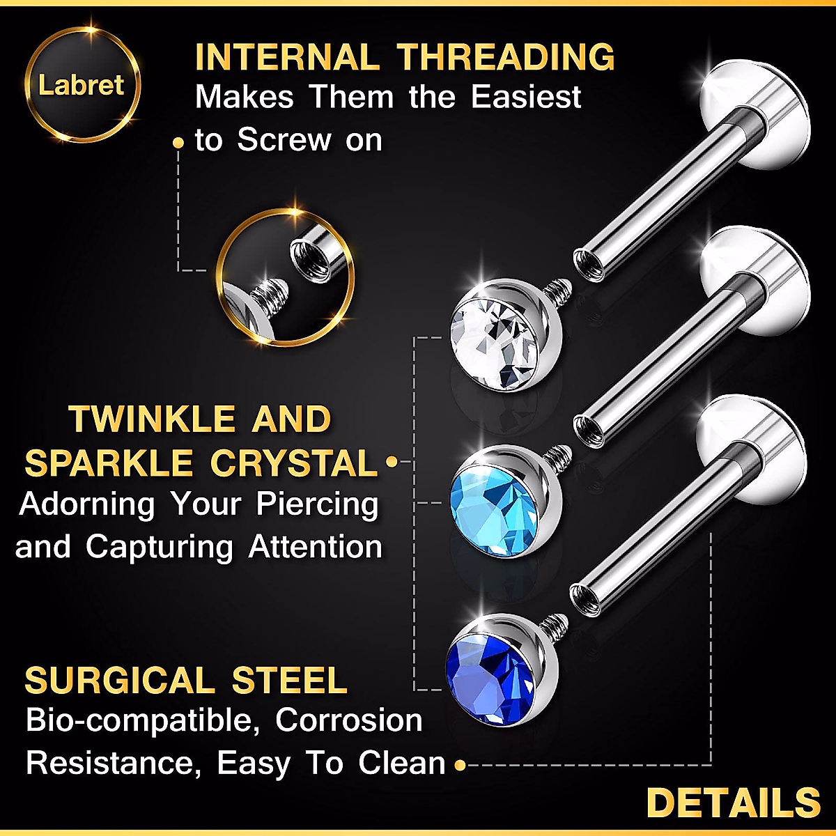 BanaVega 3PCS Surgical Steel Internally Threaded Labret 16g 1/4 6mm 3mm Sapphire Crystal Lobe Earrings Tragus Piercing Jewelry 0456