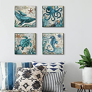 Beach Bathroom Decor Wall Art Ocean Decor Nautical Sea Turtle Wall Art Bathroom Pictures Coastal Octopus Canvas Painting Teal Bathroom Accessories Bedroom Kitchen Art Home Decorations 12x12" 4 Pcs/Set