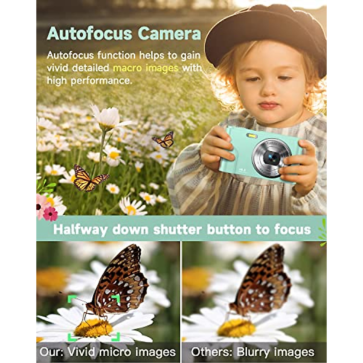 Digital Camera, Zostuic Autofocus 48MP Kids Camera with 32 GB Card Vlogging Camera with 16X Zoom, Compact Portable Mini Cameras for 4-15 Year Old Kids Children Teen Student Girls Boys(Green)