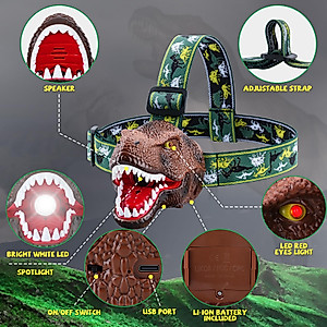 ELLA MAMA Upgraded Rechargeable Dinosaur Headlamp for Kids, Led Flashlight for Boys or Girls Outdoor Camping Gear, Roar & Silent Mode- Ideal Gift for Birthday, Halloween, Christmas