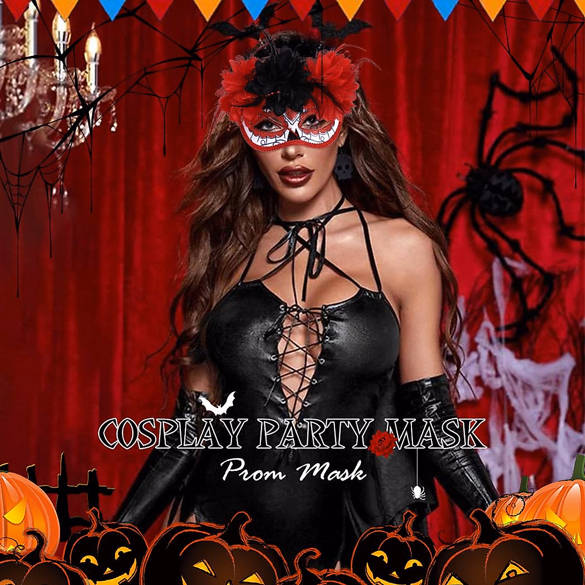 BODIY Women Red Flower Halloween Masquerade Mask Skull Day of the Dead Masks Feather Costume Eyemask Cosplay Rave Half Mask