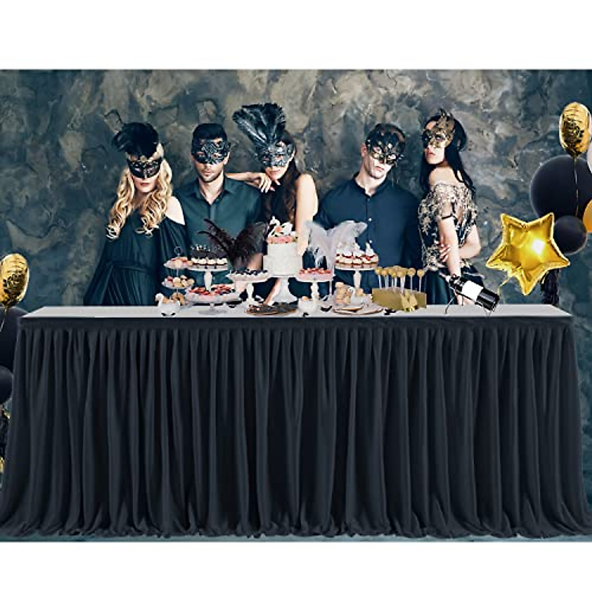PARTISKY Black Polyester Table Skirt for Rectangle Tables 6ft, Wrinkle Resistant Pleated Ruffle Table Cloth for Banquet Wedding Trade Baby Shower Display Gift Dining Table