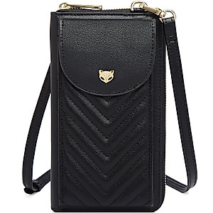 FOXLOVER Leather Small Crossbody Bags Cell Phone Purse for Women Fashion Shoulder Bag RFID Blocking Wallet Purse with Credit Card Slots(Black Quilted)