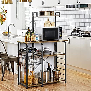 Yaheetech Industrial Kitchen Baker’s Rack Utility Microwave Oven Stand with Wire Basket & 10 S Hooks, Coffee Bar Spices Utensils Storage Shelf, Easy Assembly, Rustic Brown