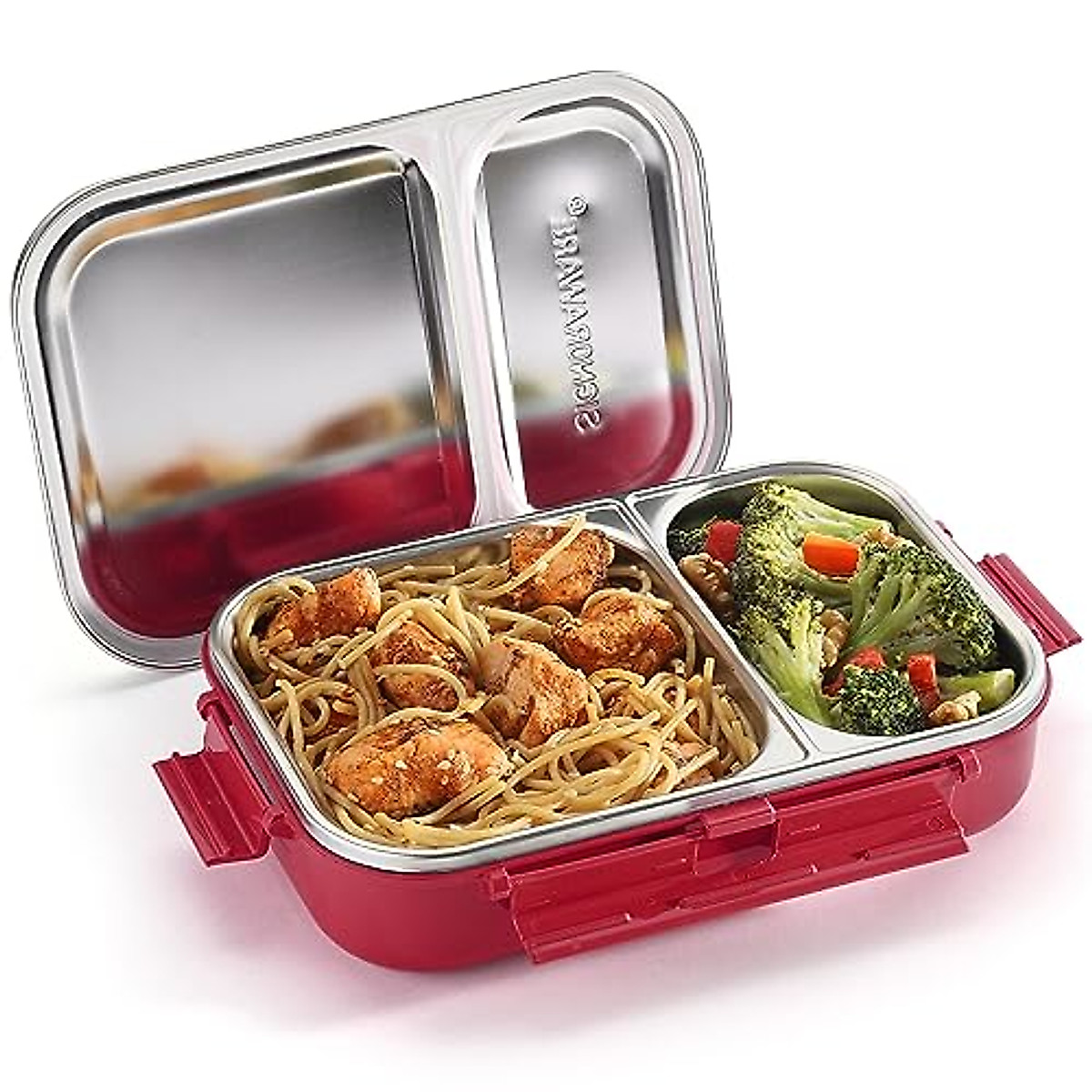 Signoraware Stainless Steel Bento Box Adult Lunch Box For Men, Women, Kids Bento Lunch Box Leak Proof Between 2 Compartments Meal Prep Containers Lunch Containers For Adults And Kids School Red