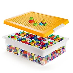 Acshio Toys Organizer Bin, Double Layer Block Storage Container with Building Baseplate Lid Removable Tray, Stackable 30 Compartment Clear Crafts Box for Bead Puzzles Sewing