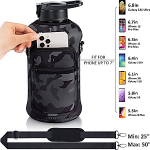 Fimibuke Half Gallon Water Bottle with Sleeve 64 OZ Water Bottle with Handle & Straw Leakproof Motivational Sports Gym Water Bottle with Time Marker BPA Free Water Jug with Neoprene Holder - Camo