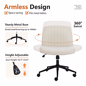 GlasFlength Criss Cross Chair Armless Computer Task Chair, Wide Comfty Swivel Fabric Height Adjustable Vanity Chair w/Replaceable Wheels/Fixed Base/Padded, Cloth Beige