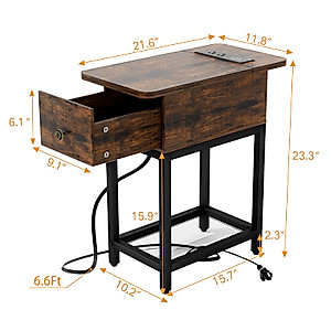 Yenlure Side Table Night Stands End Table with Charging Station Drawers Narrow End Tables Living Room Bedroom Side Table for Small Spaces Rustic Brown