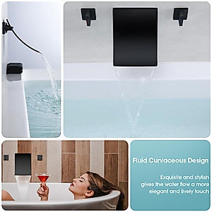 Qinkell Wall Mount Tub Faucet Matte Black Waterfall Tub Fill Roman Bathtub Faucet High Flow Brass Bathroom Bathtub Faucets with Rough-in Valve and 2 Handles