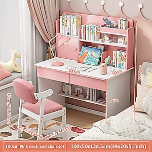 QQXX Cute k*id-s Study Desk with Chair,Wooden Ergonomics Study Desk Table with Drawer and Storage Shelf,Computer Workstation with Bookshelf Hutch,Multi Function Desk and Chair Set for Boys and Girls