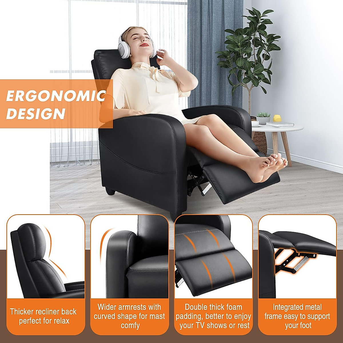 Sweetcrispy Living Room PU Leather Massage Winback Single Sofa Home Theater Adjustable Modern Reclining Chair with Padded Seat Backrest for Adults（Dark Black）