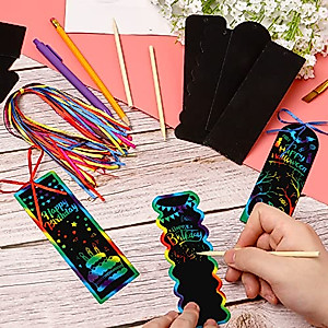 gsnma 72 Sets 4 Style Magic Scratch Rainbow Bookmarks Scratch Bookmarks Paper DIY Bookmark Crafts with 72 Pieces Colorful Ropes and 20 Pieces Wood Stick for Christmas and Birthday Party Favor