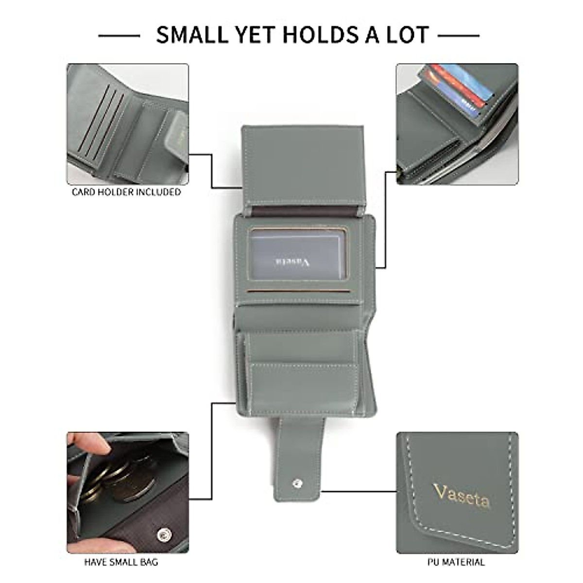 VASETA Small Womens Wallet Pocket Card Case Purse PU Leather Bifold Compact RFID Blocking with ID Window