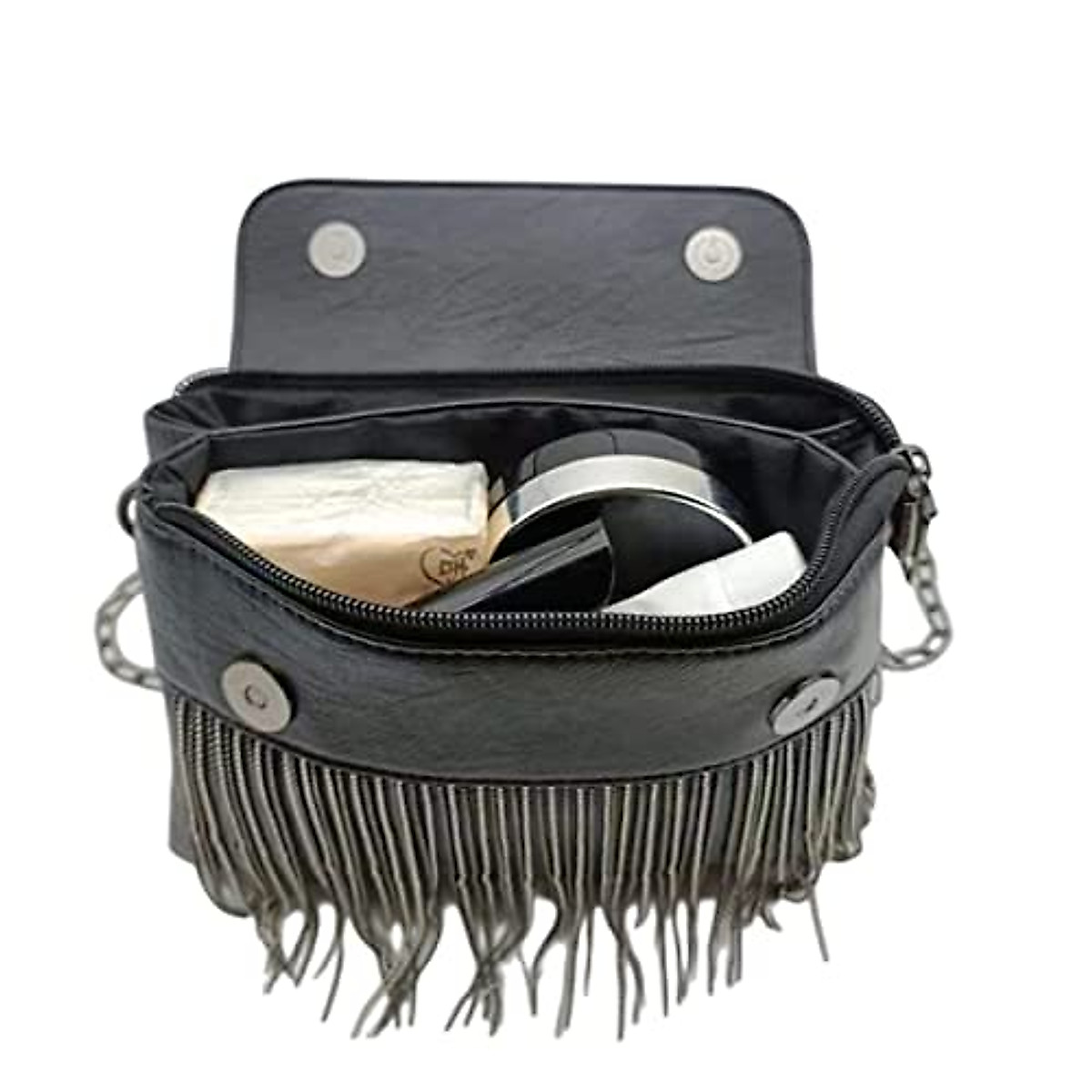 WIGUYUN Faux Leather Fringed Shoulder Handbag Rivets Flap Cross-body Bag Chain Hobo Purse Black