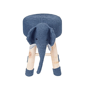 AC Pacific Woodland Elephant Stool for Kids, Animal Themed Wooden Ottoman Chair with Soft Plush Fabric, Sturdy Pine Wood Legs, Ideal for Playrooms, Nurseries or Living Rooms, Navy Blue