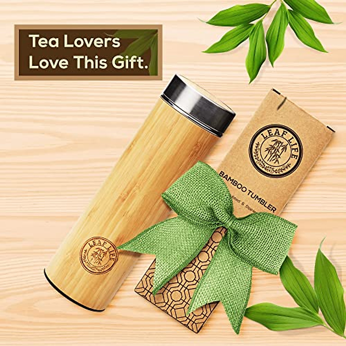 LeafLife Sustainable Bamboo Tumbler with Tea Infuser & Strainer 12oz - Keeps Liquid Hot & Cold for 12 Hrs - Vacuum Insulated Stainless Steel Travel Mug - Infuser Bottle for Loose Leaf Tea & Coffee