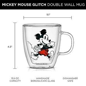 JoyJolt Mickey Mouse 13.5oz Glass Cups Set. 2 Insulated Double Wall Glass Coffee Cups, Insulated Coffee Cup Set. Unique Coffee Mugs, Large Espresso Cups. Disney Cups and Disney Mugs.