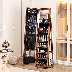 Lvifur 360° Rotating Jewelry Armoire 6 LEDS, Full Length Mirror Large Capacity Jewelry Organizer Armoire, Lockable Floor Standing Mirror for Bedroom, Cloakroom