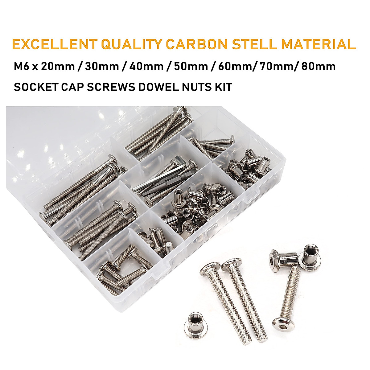 binifiMux 100pcs Rivet Countersunk Hex Socket Cap Bolts and Hex Head Barrel Nuts Assortment Kit for Furnitures Cribs Chairs, M6x20mm/ 30mm/ 40mm/ 50mm/ 60mm/ 70mm/ 80mm,Nickel Plated