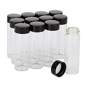 Kesell 12 Pack of 3 inches, 30 ML, Clear Glass Bottles Storage Container Sample Cosmetic Vials with Black Screw Caps