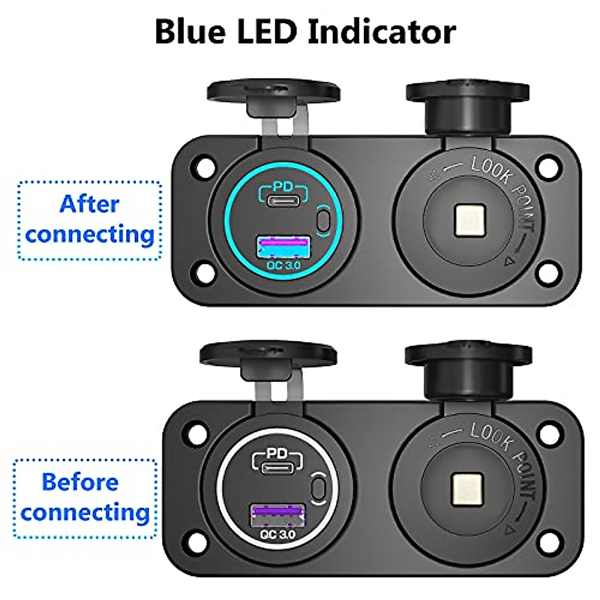 [Upgraded Version] 12V Cigarette Lighter Socket, Quick Charge 3.0 & PD 3.0 USB Charger Power Outlet with Button Switch, Waterproof 12 Volt Adapter for Car Motorcycle Boat Marine RV Golf Cart etc.
