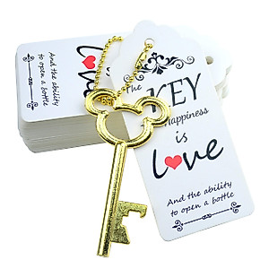 Aokbean 52pcs Vintage Skeleton Key Bottle Opener with Escort Thank You Tag Card and Keychain for Party Wedding Favor Guest Souvenir Kit (Antique Gold)