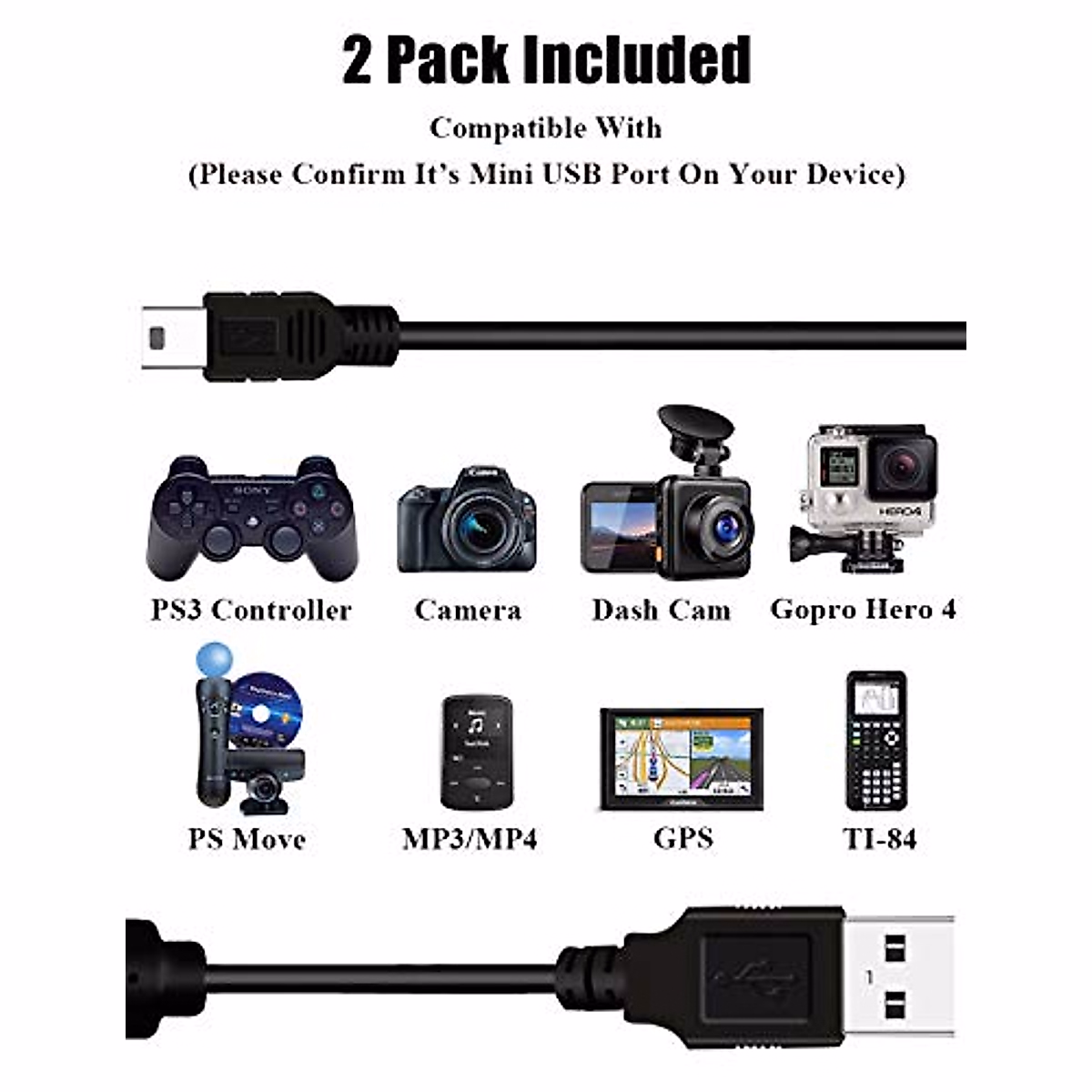 Drimoor 2 Pack 10ft PS3 Controller Charger Cable - Magnetic Ring Mini USB Data Charging Cord for PS Move Playstation 3 Wireless Controller, TI84 Plus CE, Digital Camera