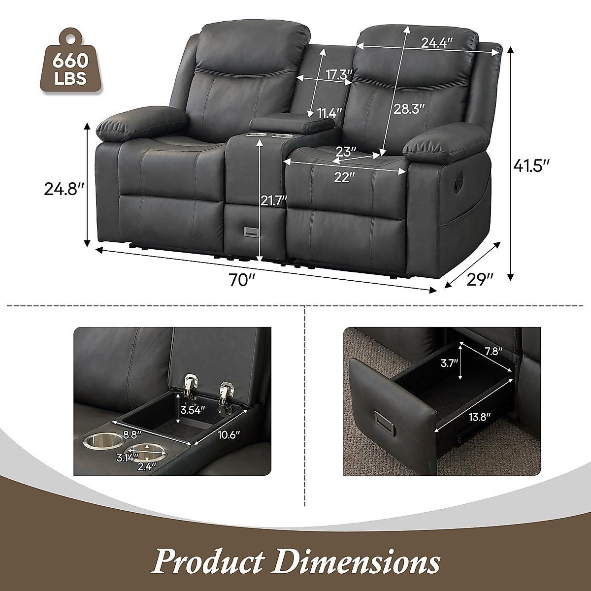 BAIJIAWEI B Loveseat Recliner, Reclining Loveseat with Console, Double Reclining Loveseat, 2 Seater Manual Reclining Couch for Living Room, Office, Home Theater(PU-Grey)