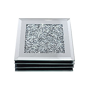 GIMORRTO Glass Mirrored Coaster 4 PC, Crushed Diamond Square Cup Mat 4" Decor on Tabletop for Bar Tools Dining Table