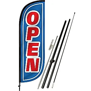 LookOurWay Feather Flag Set - 5ft Tall Advertising Banner Flag with Pole Kit and Ground Spike for Business Promotion - Open Blue/Red