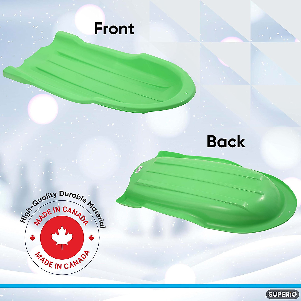 Superio Toboggan Snow Sleds, 4 Pack- 46” Plastic Open Back Slider for Kids and Adults- Heavy Duty Sleds with Holes for Pull Ropes (Ropes Excluded) for Downhill Sledding, Winter Outdoor Sports, (Green)