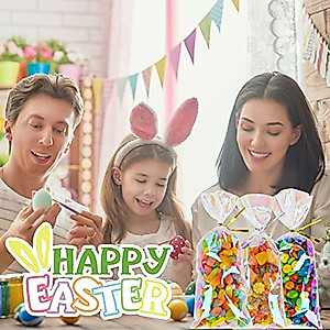 QTOP Cellophane Treat Bags,Iridescent Holographic Goodie Bags, Clear Cello Bags with Twist Ties for Birthday Party Favors, Valentines, Easter, Weddings