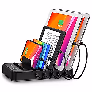 Charging Station for Multiple Devices 5 Ports with 6 Mixed Charging Cables Multi USB Charger Station Organizer for Cell Phones Tablets Tab Electronics Tech Gadget