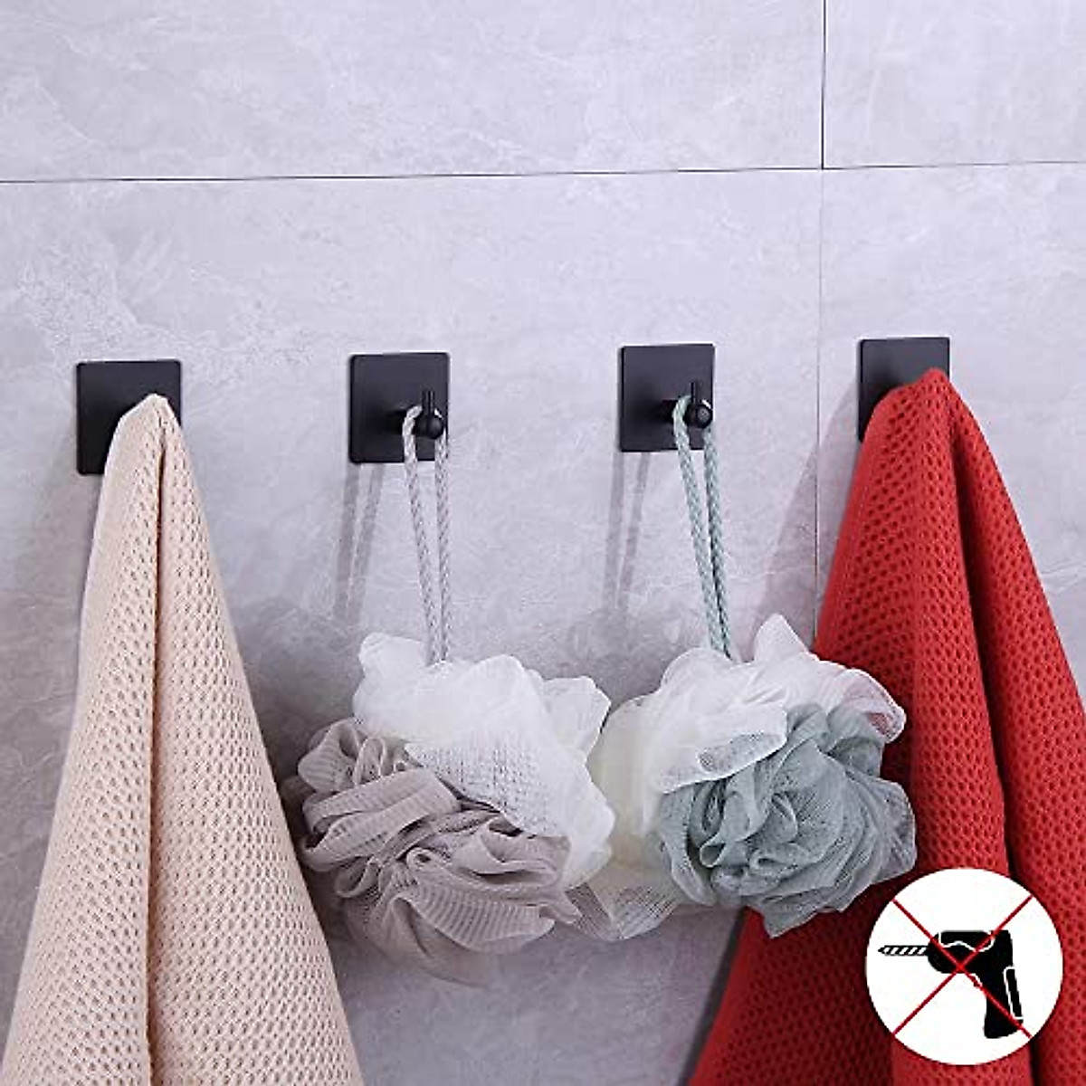 kimzcn Matte Black Adhesive Hooks Heavy Duty Wall Hooks Waterproof Stainless Steel Hooks, Towel Robe Hook Rack Wall Mount - Bathroom and Bedroom 4-Packs