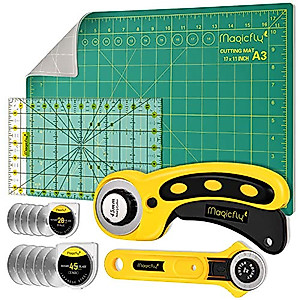 Magicfly Rotary Cutter Set, 45mm and 28mm Fabric Cutters Kit with Extra 10 Blades, A3 Double-Sided Self Healing Cutting Mat, 12x6 Inch Quilting Ruler for Sewing, Fabric Cutting, Art Crafting