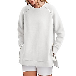 ANRABESS Women's Oversized Sweatshirts Long Sleeve Tunic Tops Crew Neck Soft Pullover With Side Zipper Shirt Trendy Clothes 2023 A1073-baise-L White