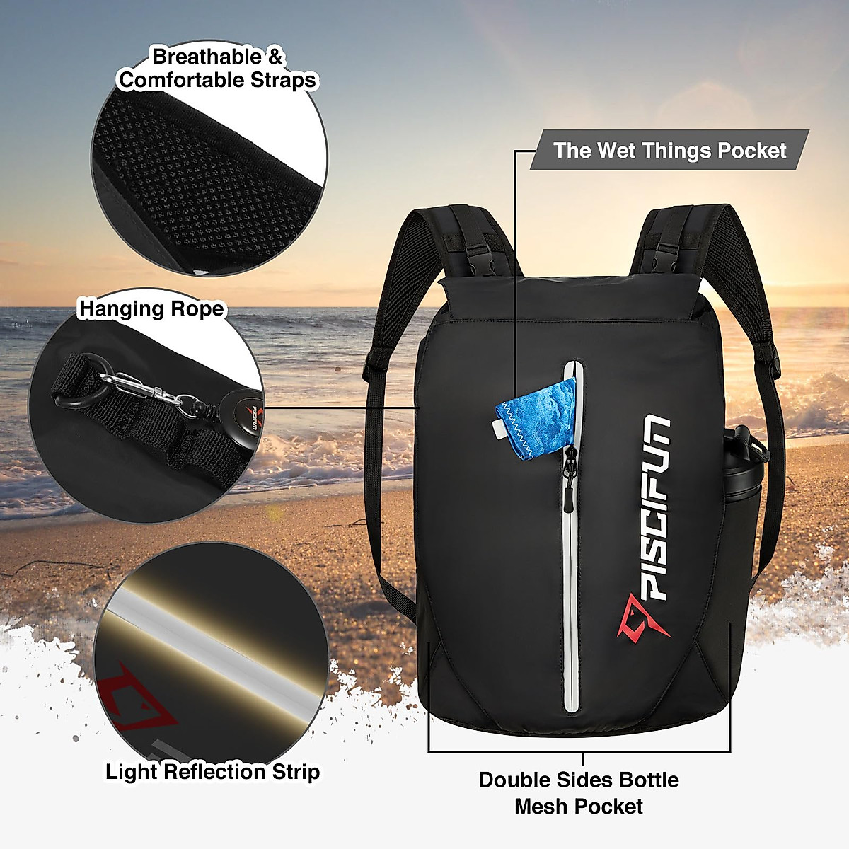 Piscifun Dry Bag Waterproof, Floating Dry Backpack, Lightweight Waterproof Dry Bag with Waist Pouch and Phone Case for Kayaking, Camping, Beach, Boating & Swimming for Men & Women Black 20L