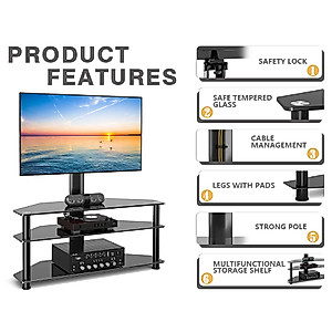 Swivel Floor TV Stand for 32-70 Inch TVs - Universal Height Adjustable TV Floor Stand with Shelves Perfect for Bedroom and Corner, TV Mount Stand VESA 600x400mm Holds up to 88lbs, Black