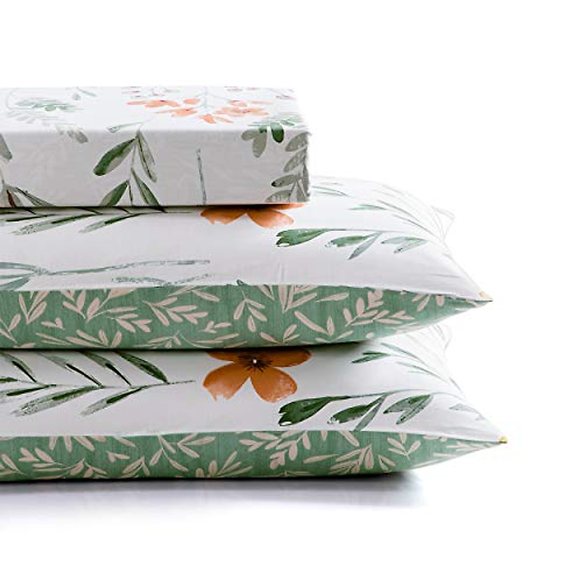 SLEEPBELLA Duvet Cover Queen, 600 Thread Count Cotton 3pcs Bedding Set Yellow Flowers and Green Branches Printed on White Reversible Comforter Cover